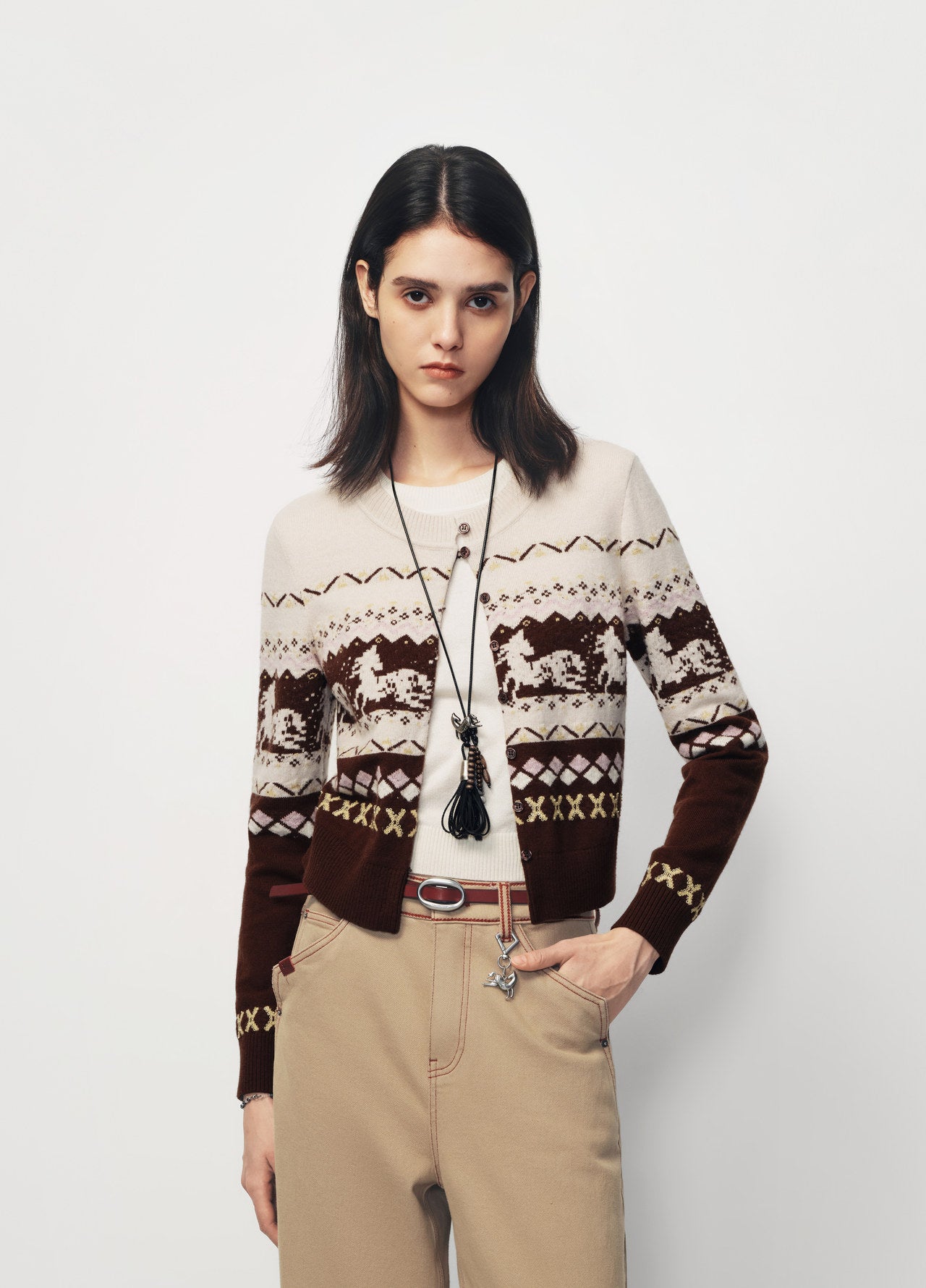 Beige Little Bamboo Horse Jacquard Cropped Knit Cardigan – AVVENN