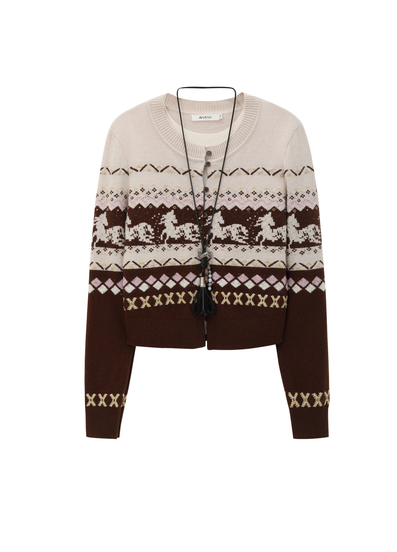 Beige Little Bamboo Horse Jacquard Cropped Knit Cardigan – AVVENN